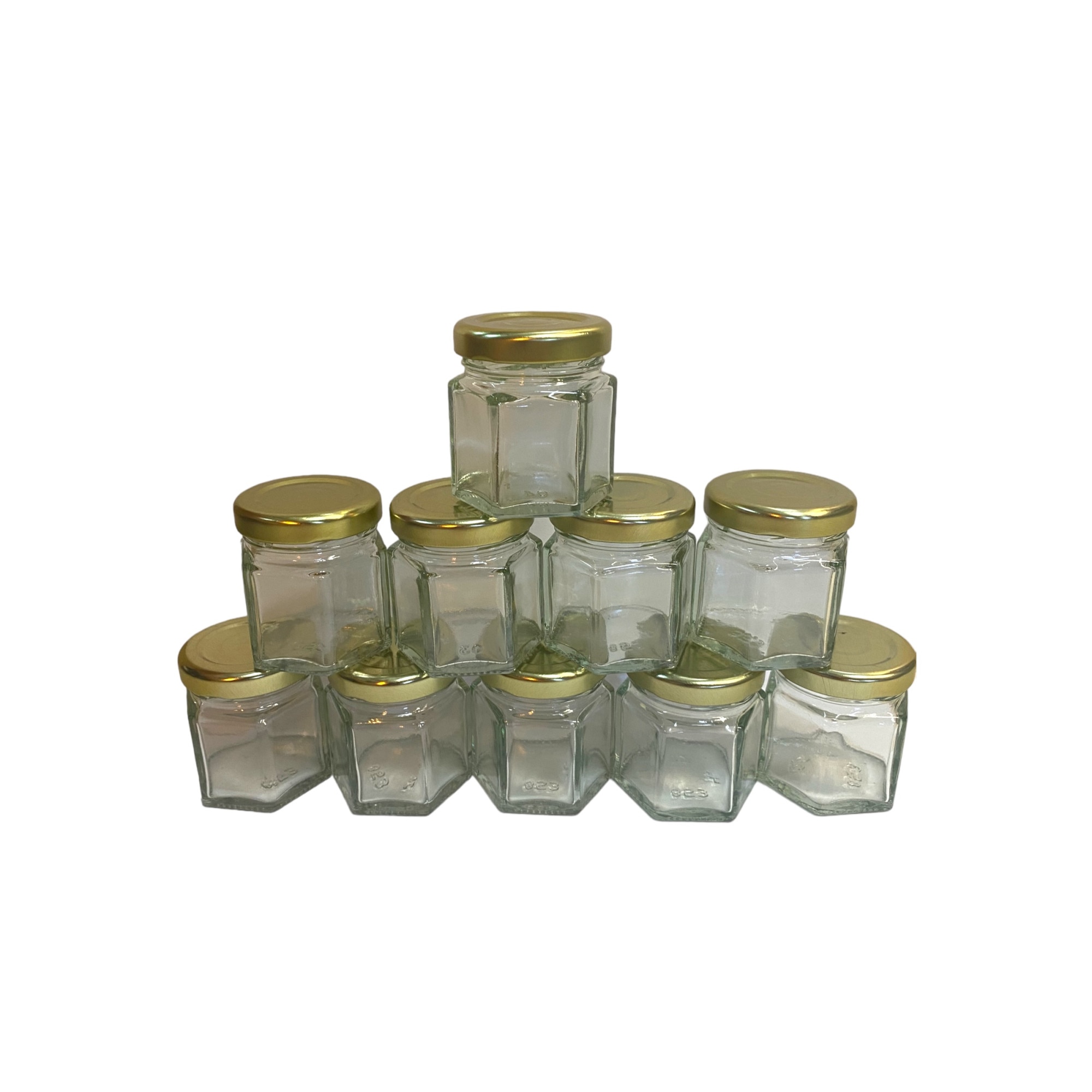 Set 10 borcane hexagon din sticla cu capac auriu, 45 ml - eMAG.ro