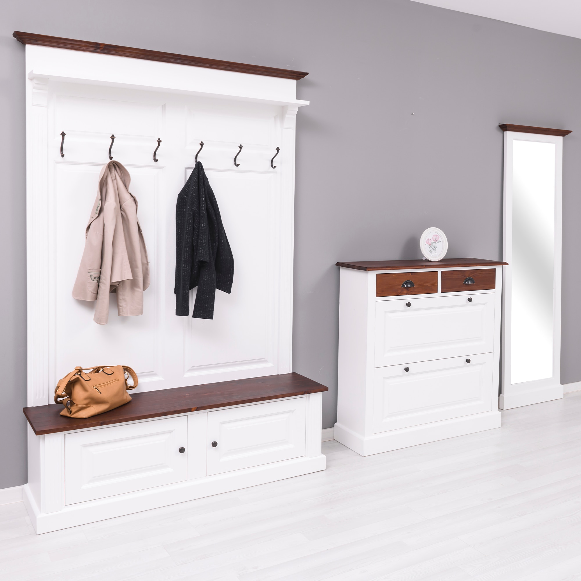 Set mobila hol - culoare top maro inchis P081, corp alb P004,100% lemn ...