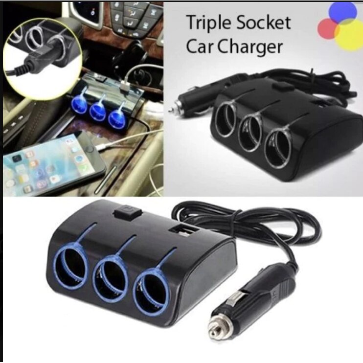 Adaptor priza Auto tripla cu 2 USB - eMAG.ro
