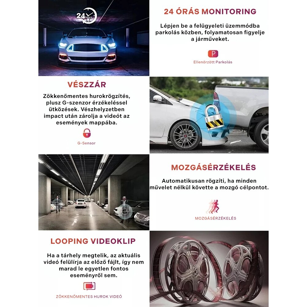 Autós DVR Dash kamera elöl és hátul, 4K 2160p, dupla lencse, 12-24v ...