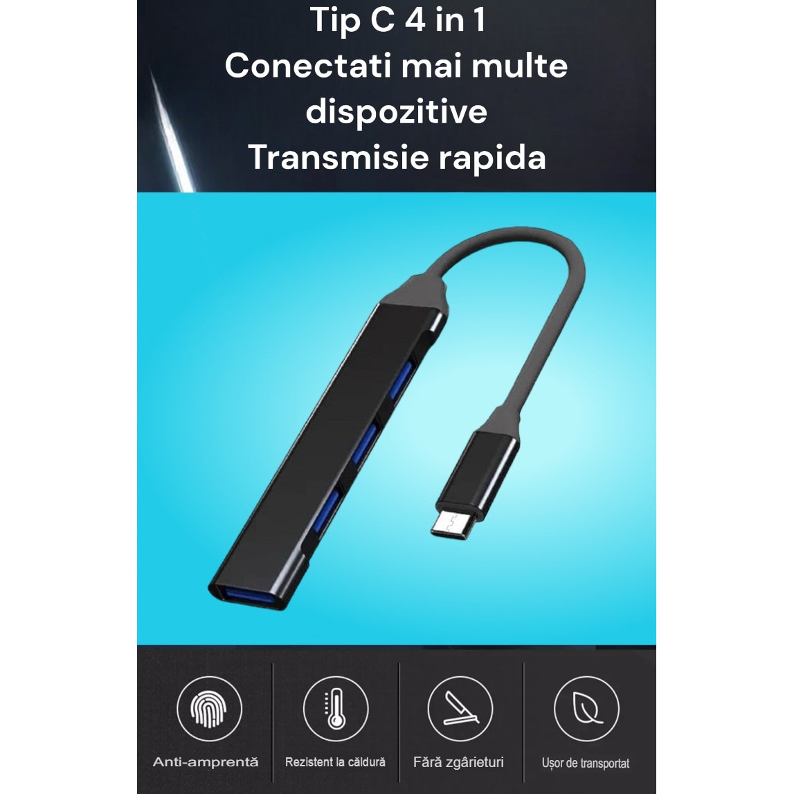 Хъб 4 в 1 USB Type-C за кола, мултипорт, съвместим с устройства MacBook ...