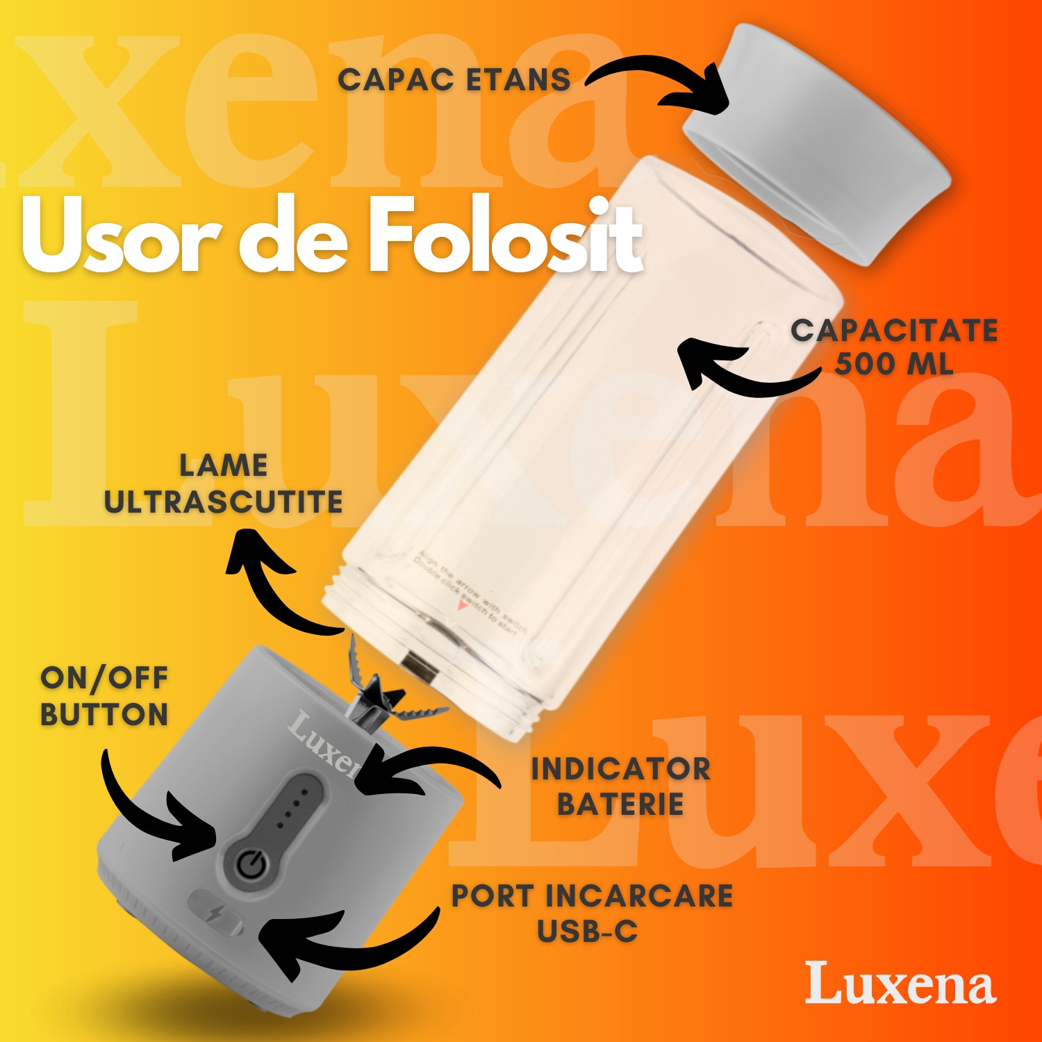 Blender portabil Luxena, gri, compact, fara Bisphenol A ...