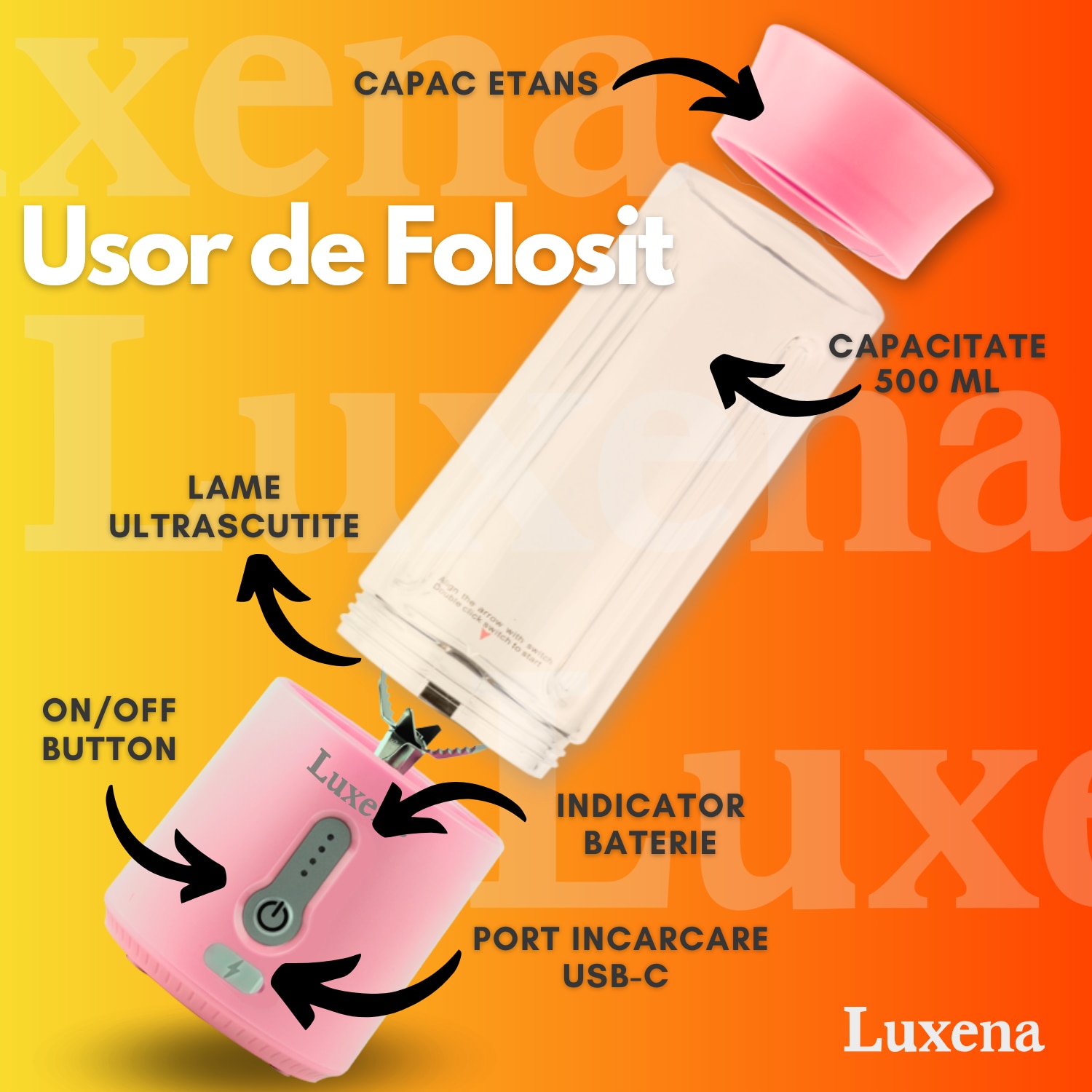 Blender portabil Luxena, roz, compact, fara Bisphenol A ...