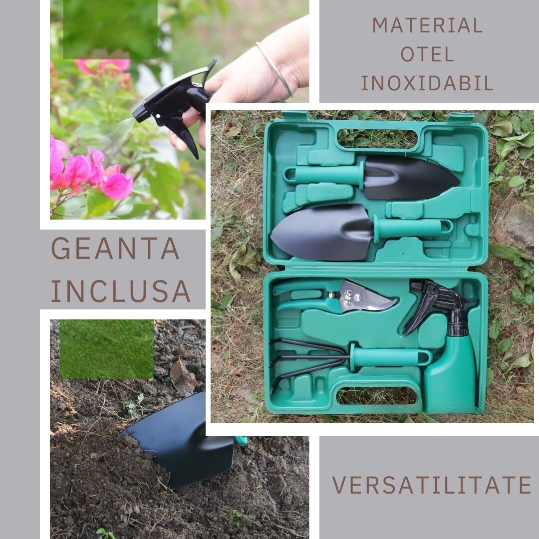 Set 5 accesorii pentru gradinarit, geanta depozitare inclusa, otel ...