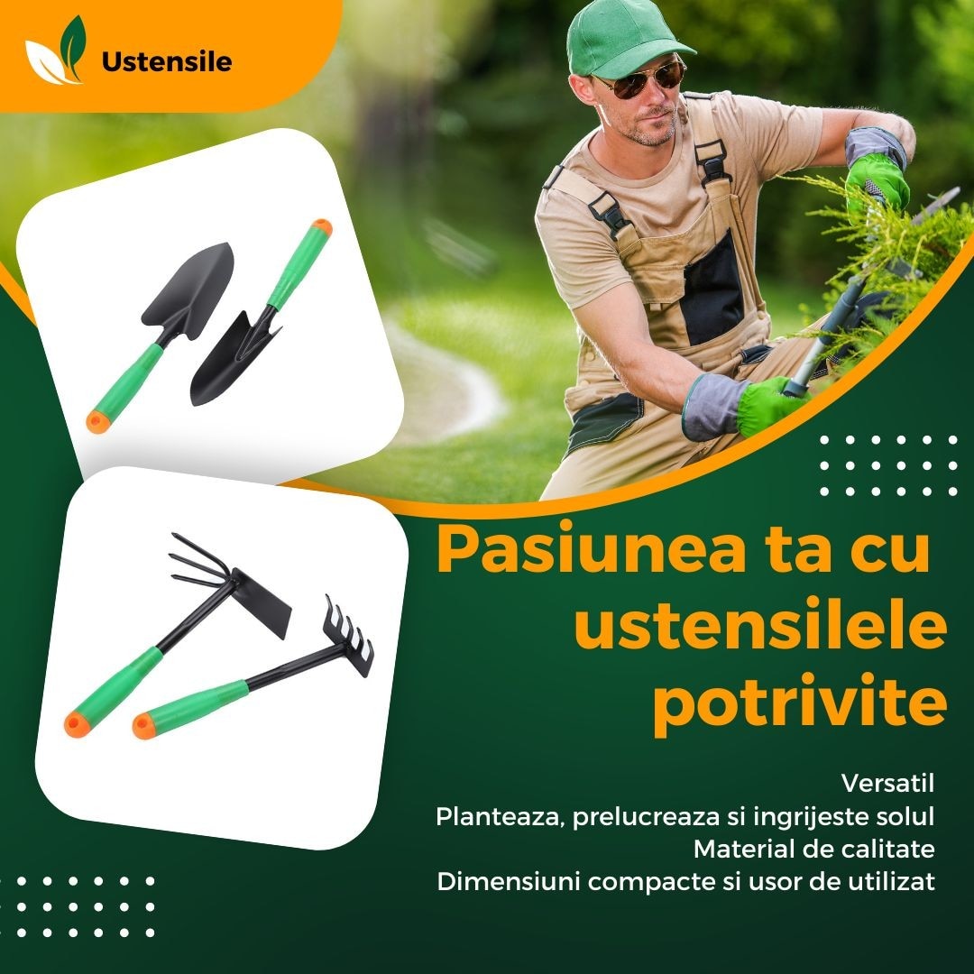 Set 4 Unelte de Gradina Verde, pentru Plantare Prelucrare Sol si ...