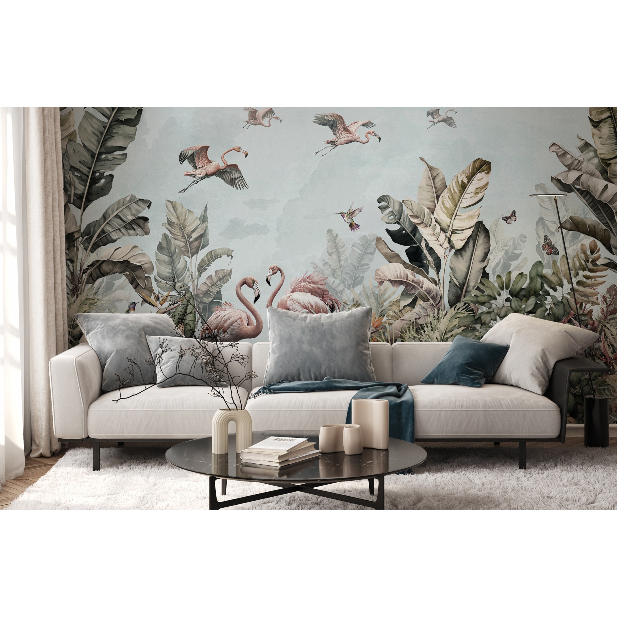 Fototape pasari tropicale, flamingo roz, plante exotice 360 cm x 240 cm ...