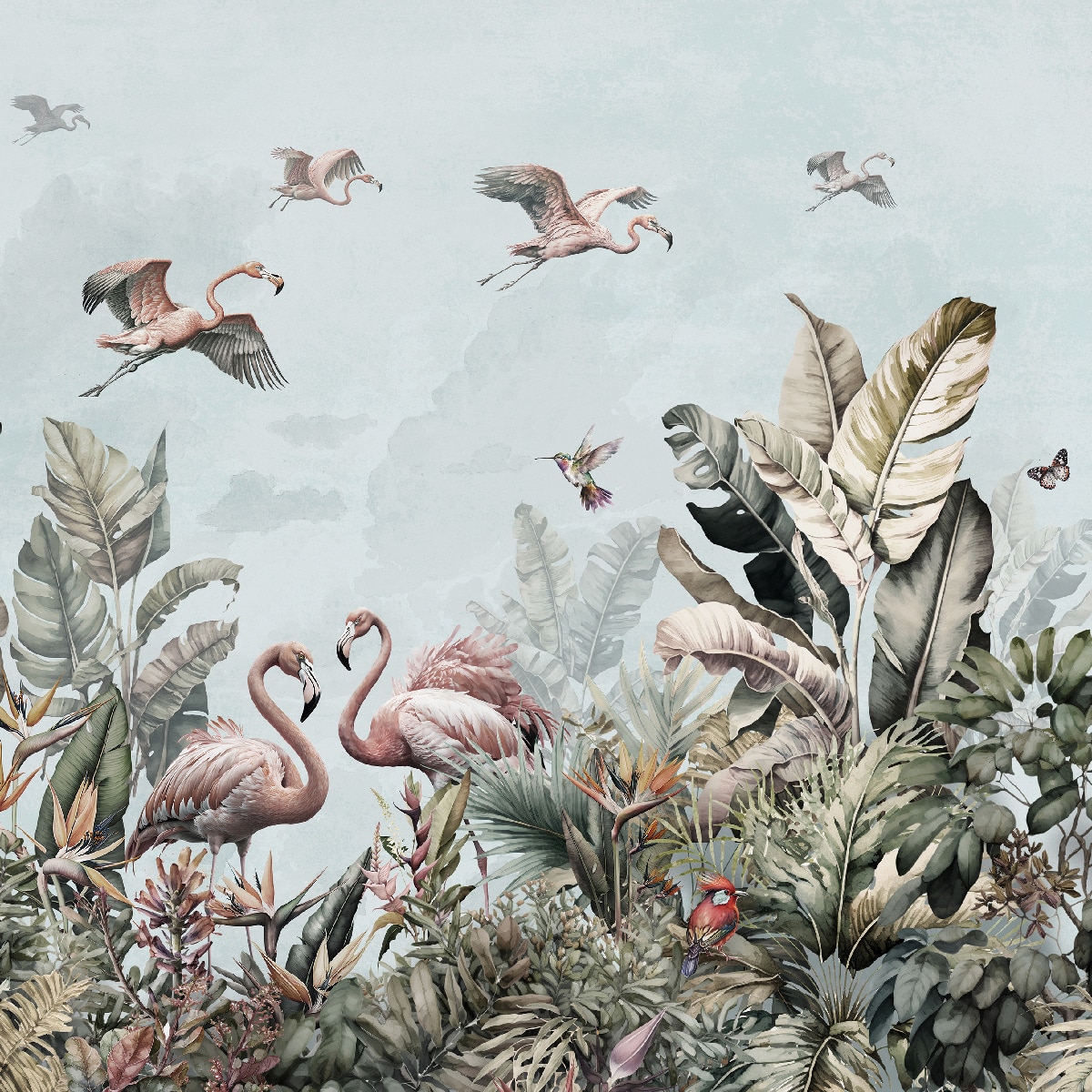 Fototape pasari tropicale, flamingo roz, plante exotice 360 cm x 240 cm ...