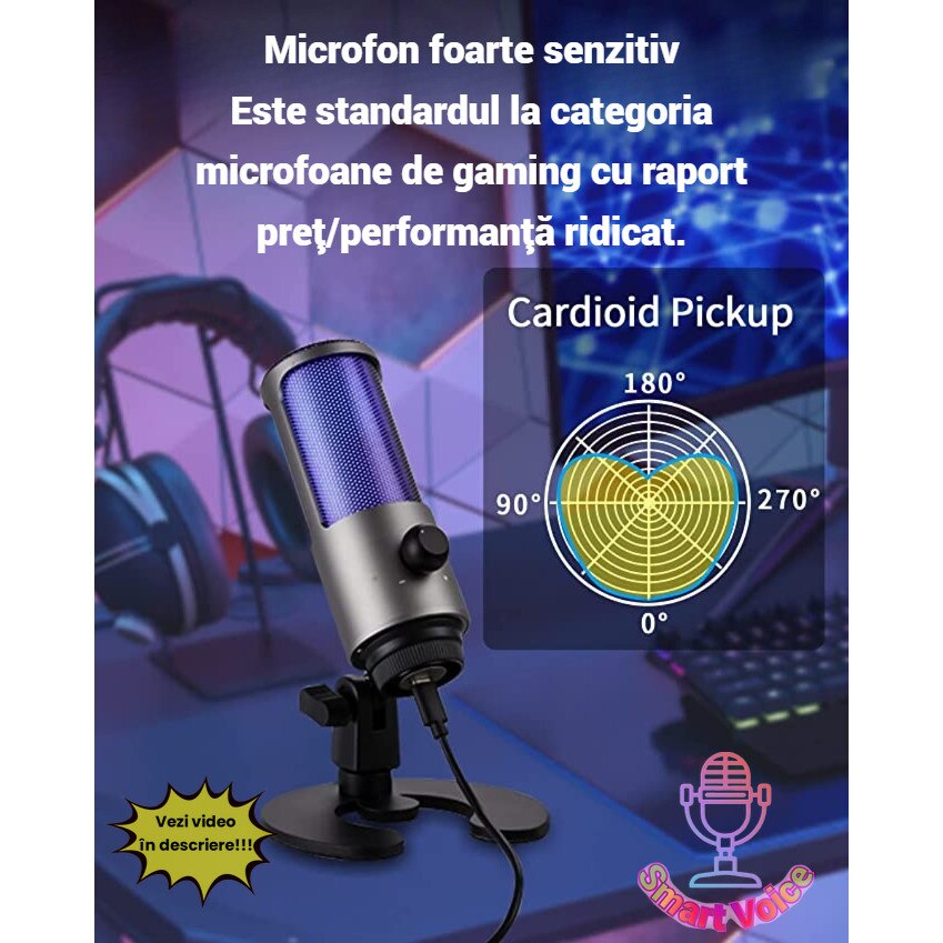 Microfon RGB Gaming, Smart Voice 1, Studio, Streaming, Podcast, functie ...