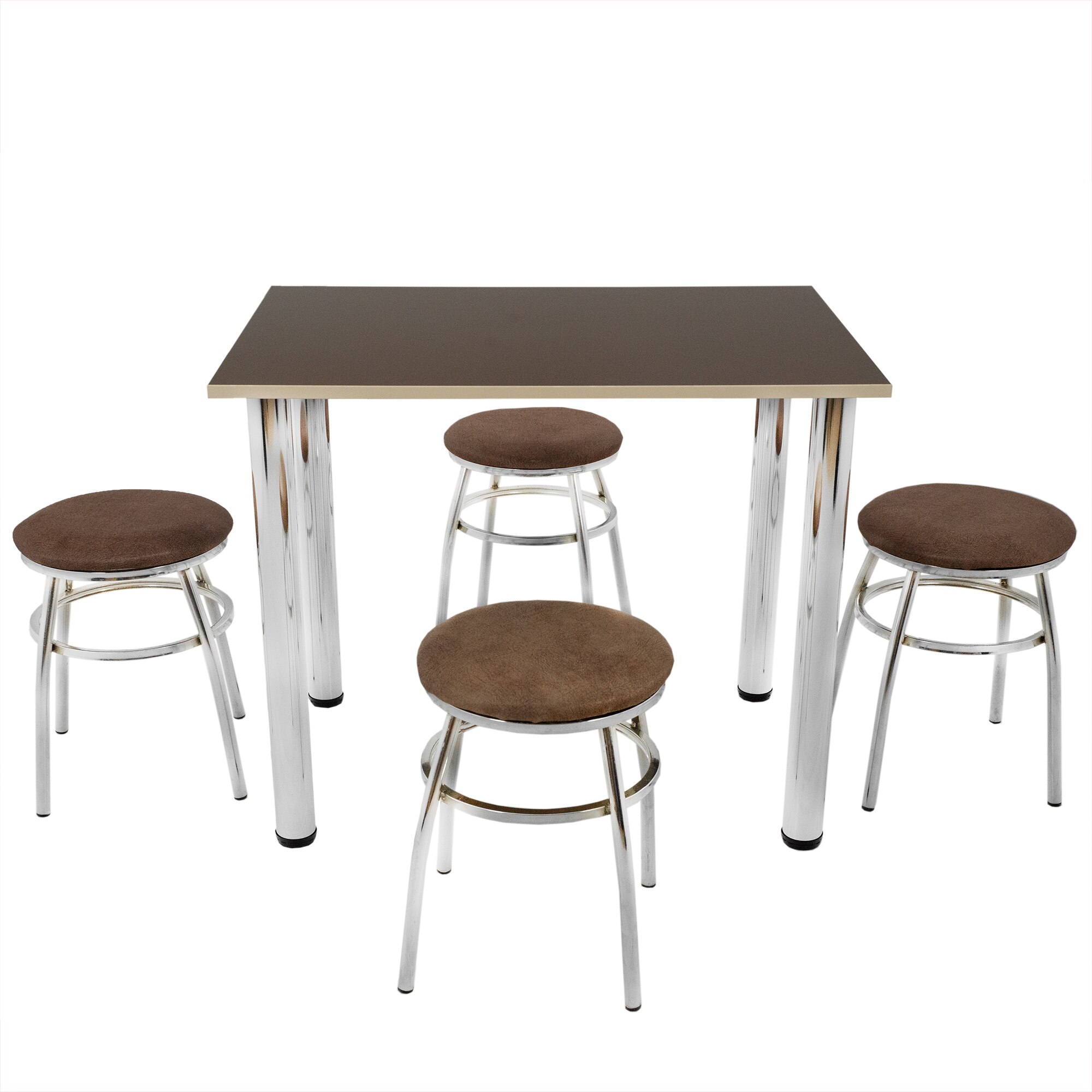 Set masa cu 4 scaune tip taburet Odesa, DENVER, cadru crom, stofa maro ...