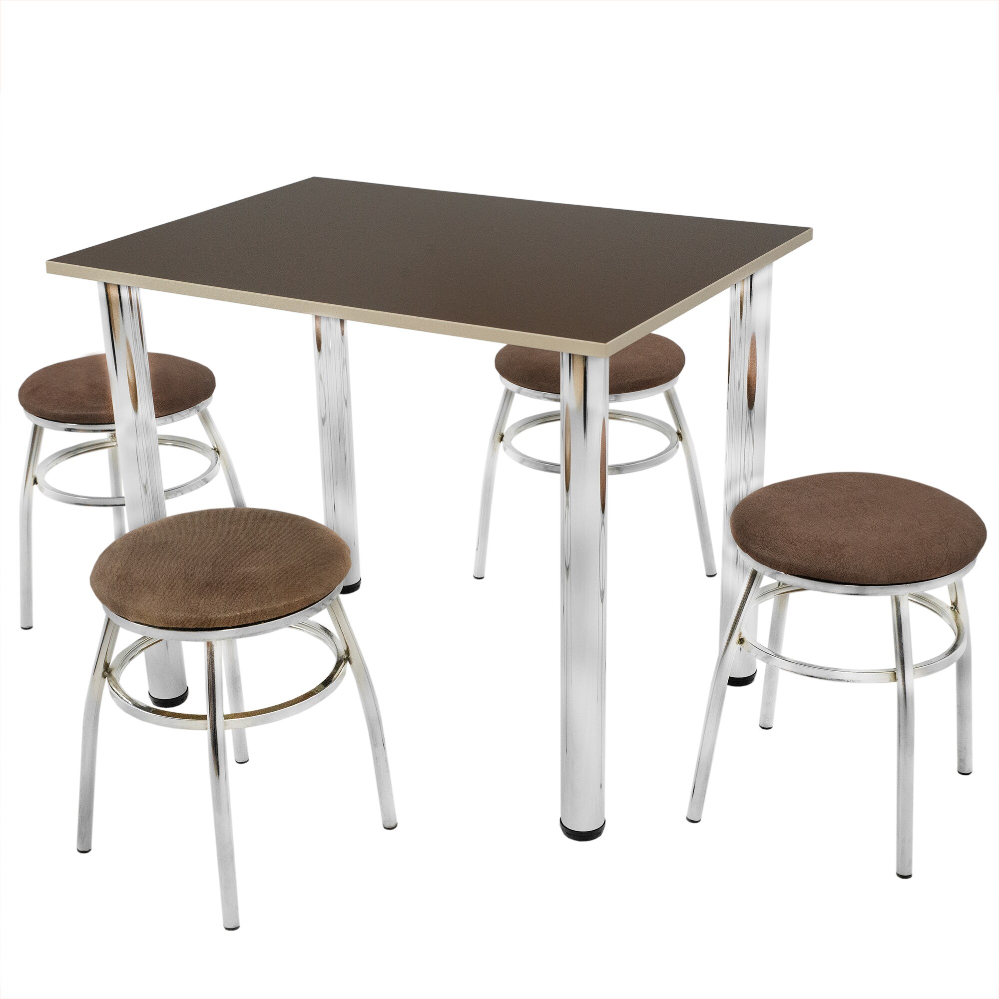Set masa cu 4 scaune tip taburet Odesa, DENVER, cadru crom, stofa maro ...