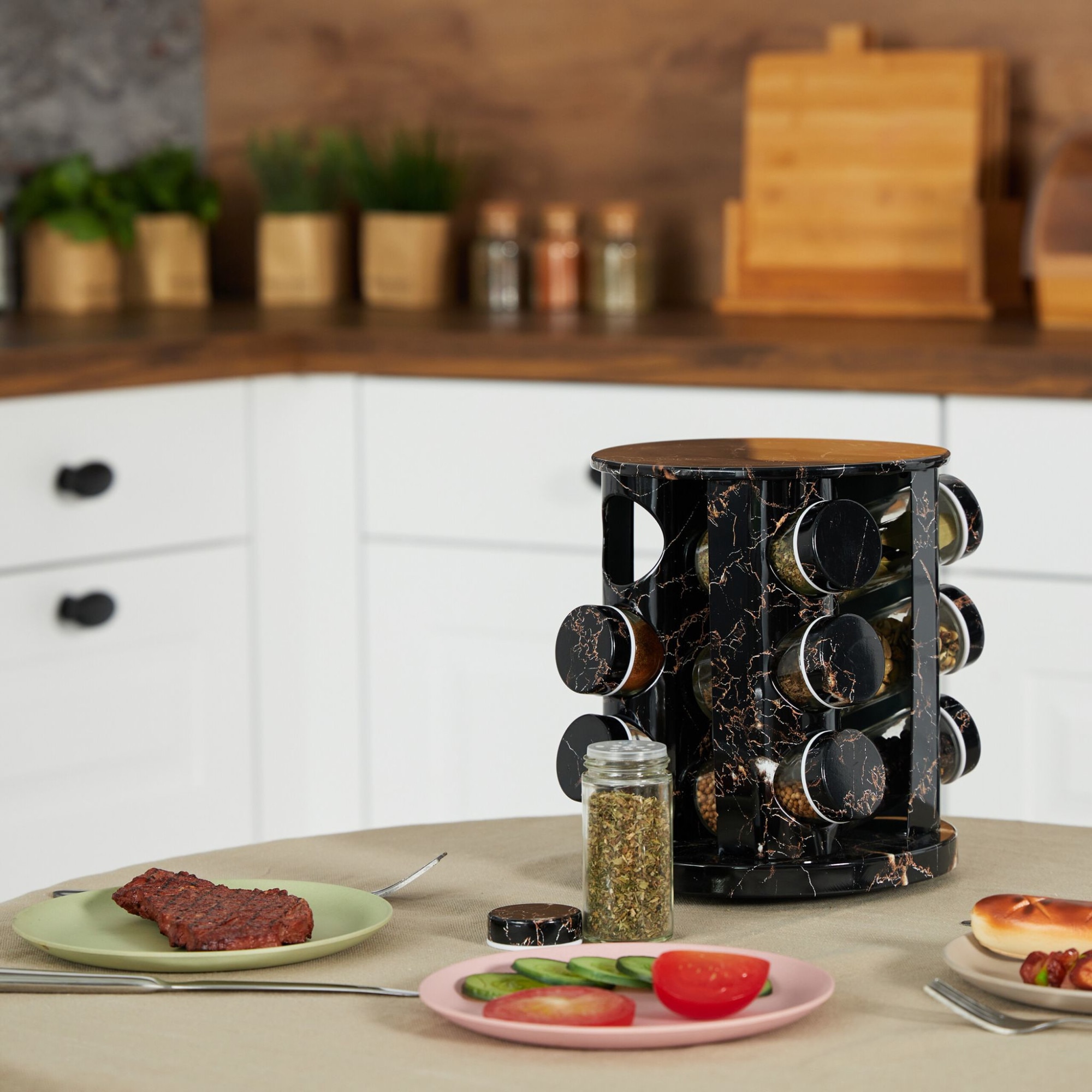 Set condimente cu 12 recipiente, suport rotativ, din otel inoxidabil ...