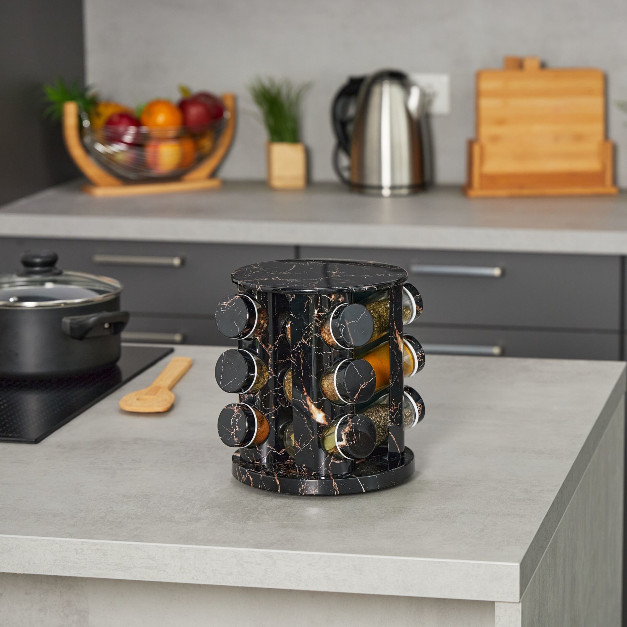 Set condimente cu 12 recipiente, suport rotativ, din otel inoxidabil ...