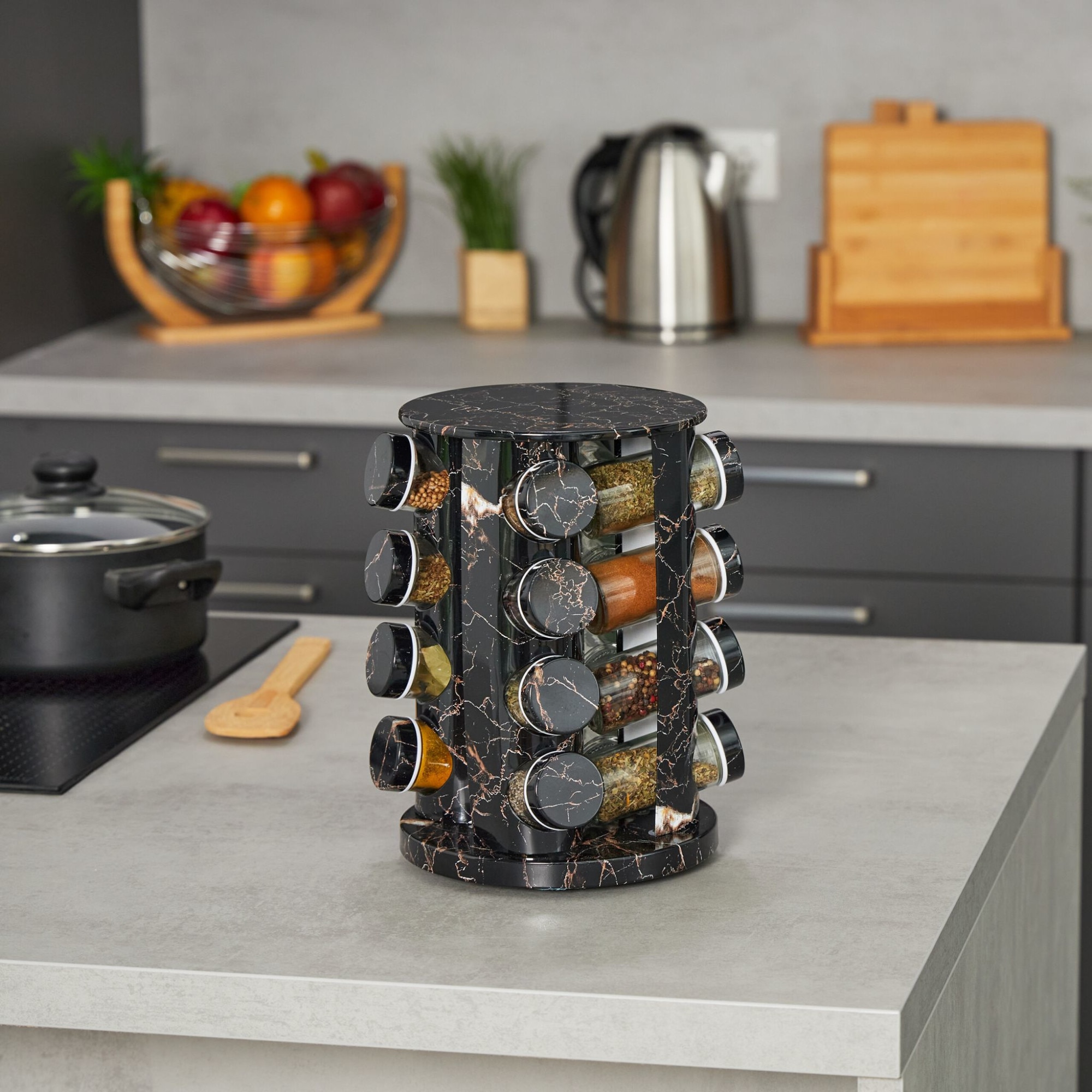 Set rotativ de condimente, 16 recipiente, efect de marmura neagra, din ...
