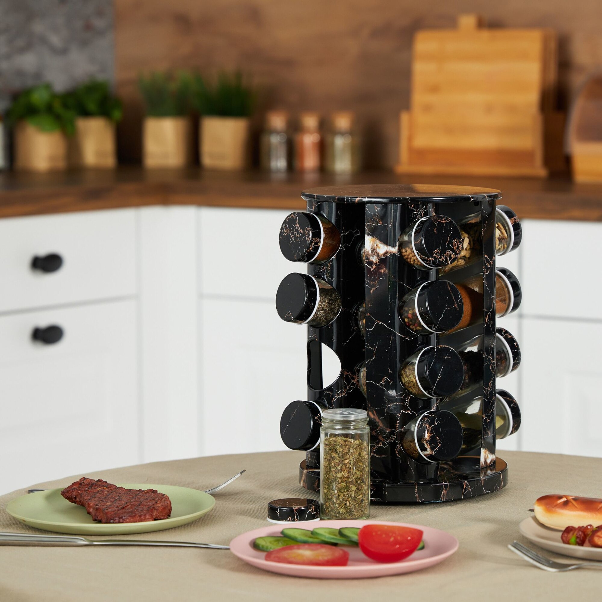 Set rotativ de condimente, 16 recipiente, efect de marmura neagra, din ...