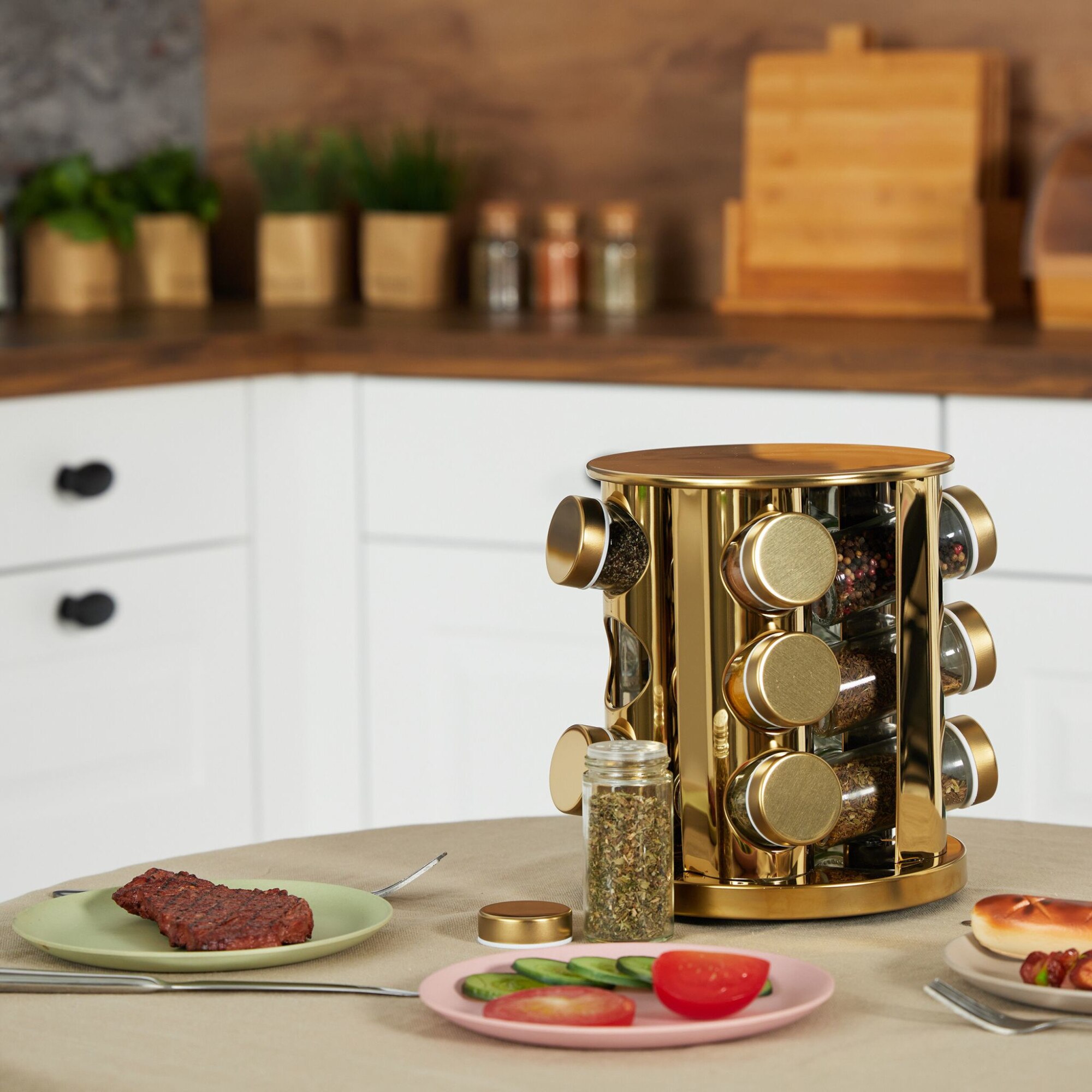 Set de condimente cu 12 recipiente, cu sistem rotativ, auriu, din otel ...