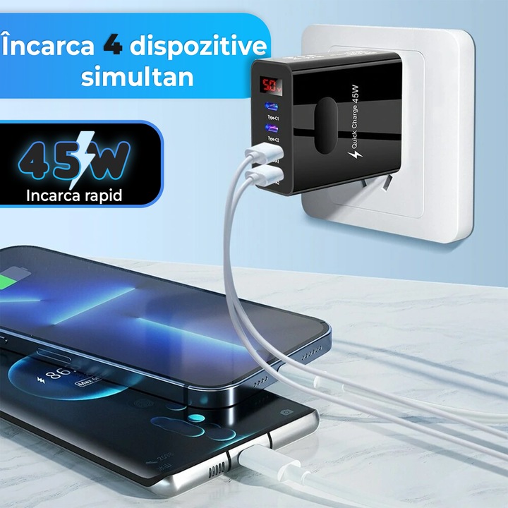Incarcator Retea Timebox, 4 Porturi, 45W Fast Charge, 2 x Type-C, 2 x ...