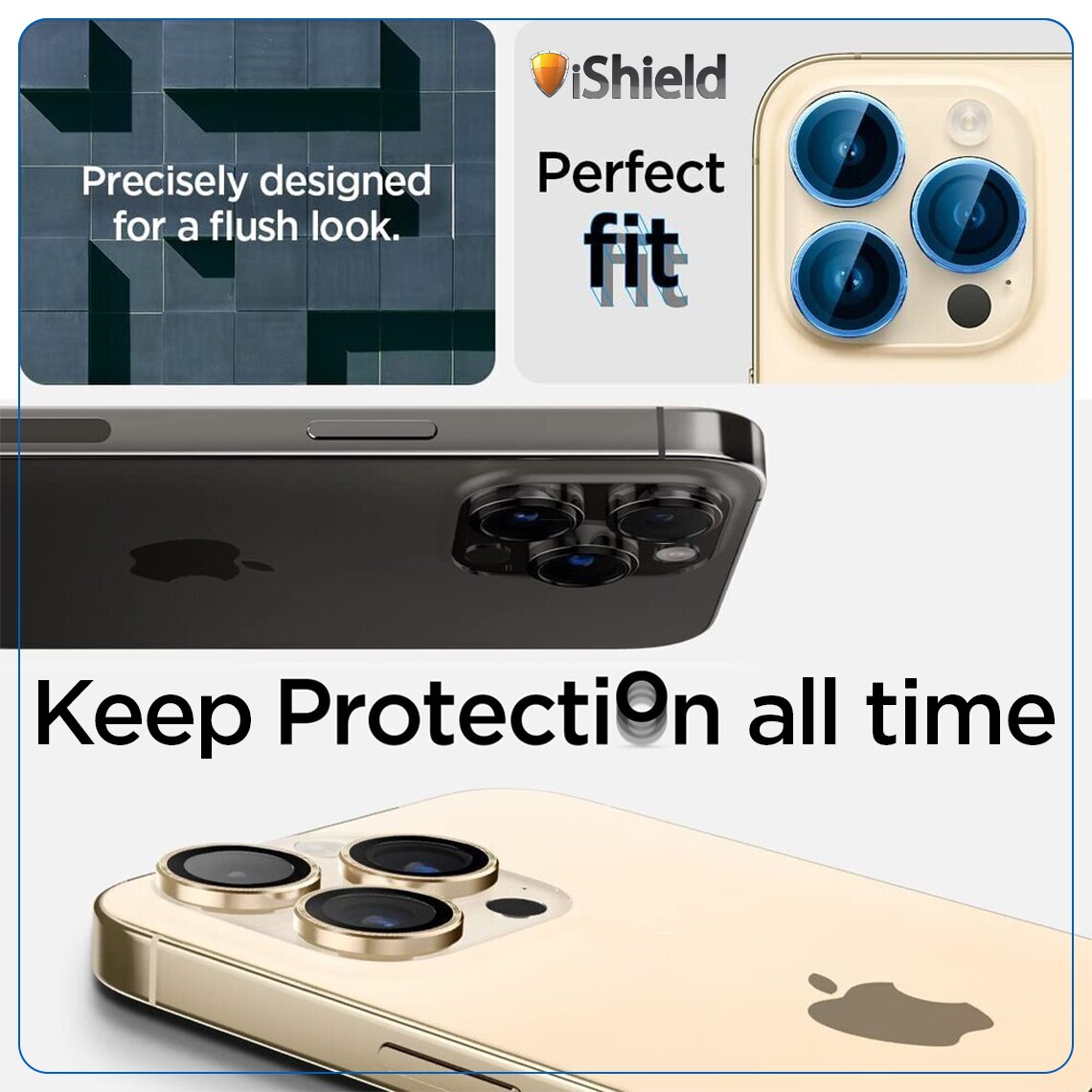 Фолиа iShield за лещи на камерата на iPhone 14 Pro, с метална рамка и стъкло с комплект за ...