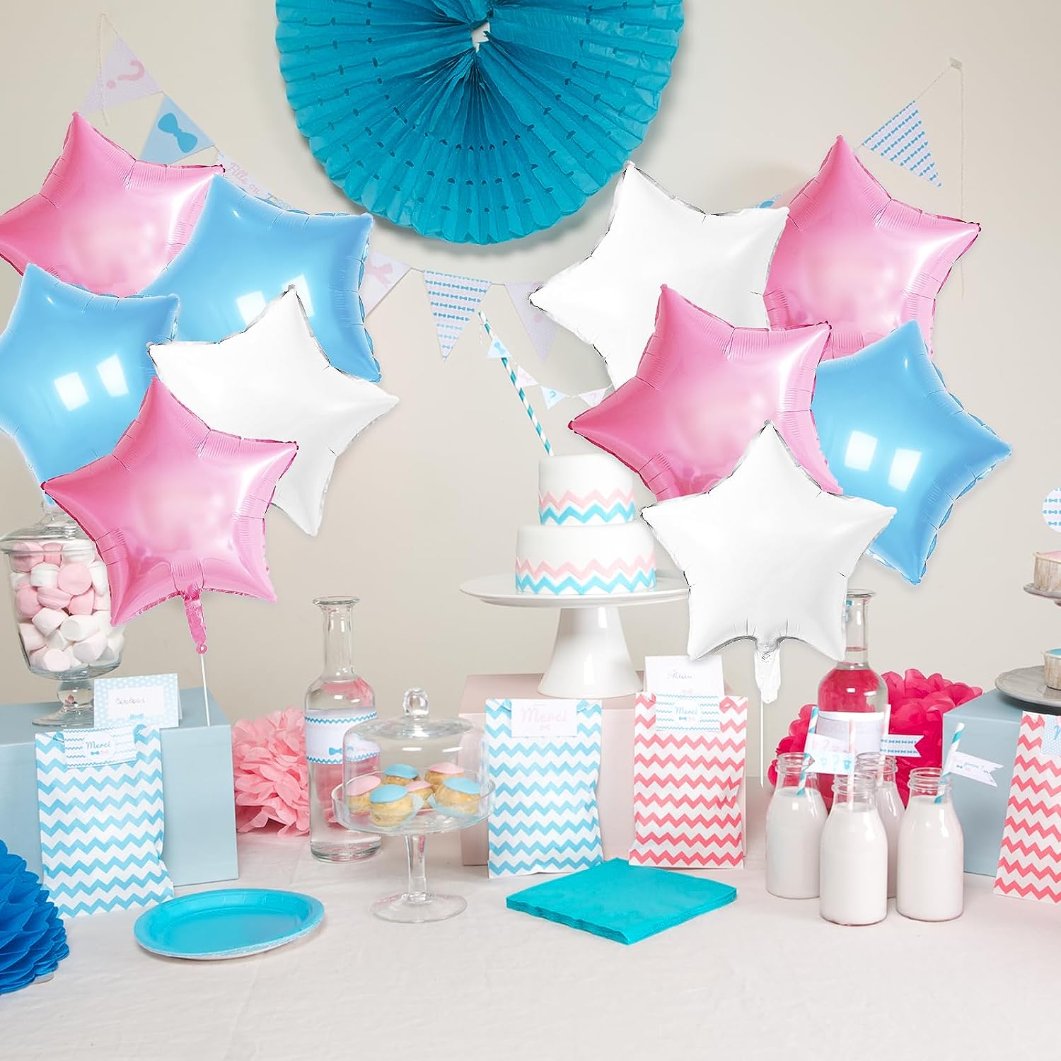 Set 6 baloane stea folie, 45cm, Buchet stelute culoare alb, roz, bleu ...