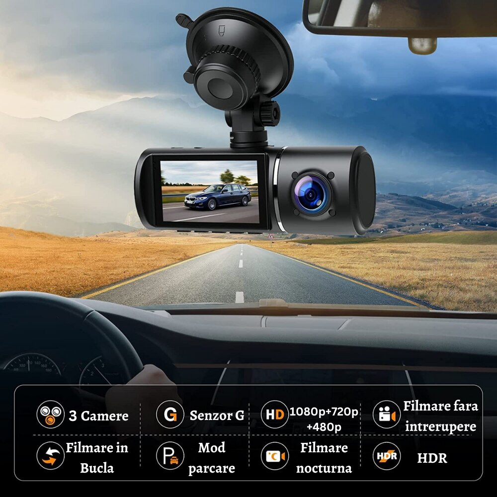 Camera Auto de bord, Full HD 1080p, 3 Lentile, Unghi maxim Filmare 170 ...