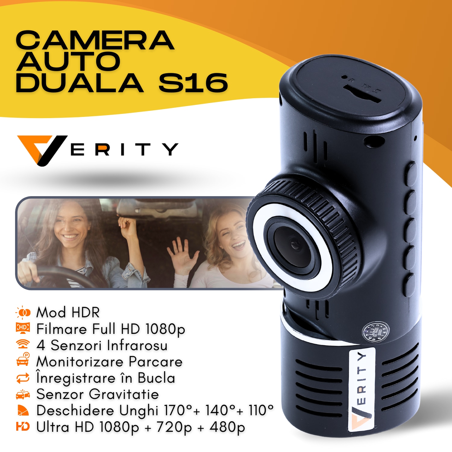 Camera Auto de bord, Full HD 1080p, 3 Lentile, Unghi maxim Filmare 170 ...