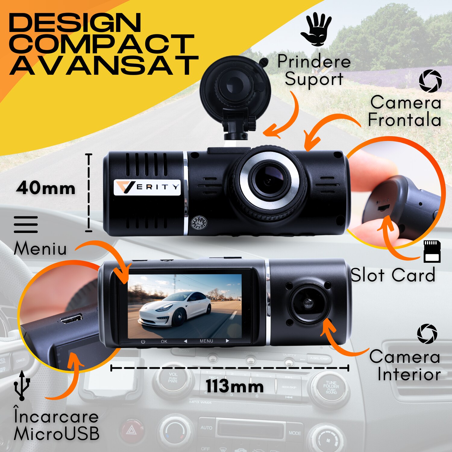 Camera Auto de bord, Full HD 1080p, 3 Lentile, Unghi maxim Filmare 170 ...