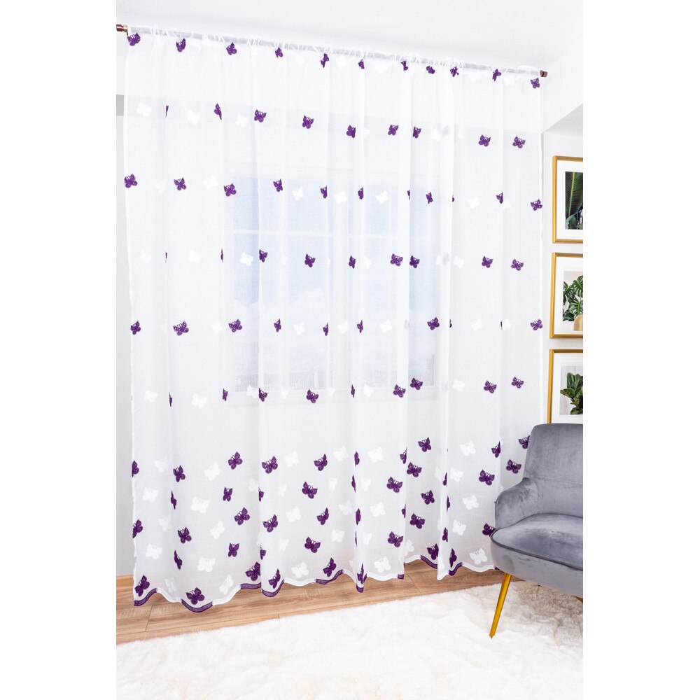 Perdea din In, Harnicuta, cu Fluturasi Mov 300x245cm cu Rejansa - eMAG.ro