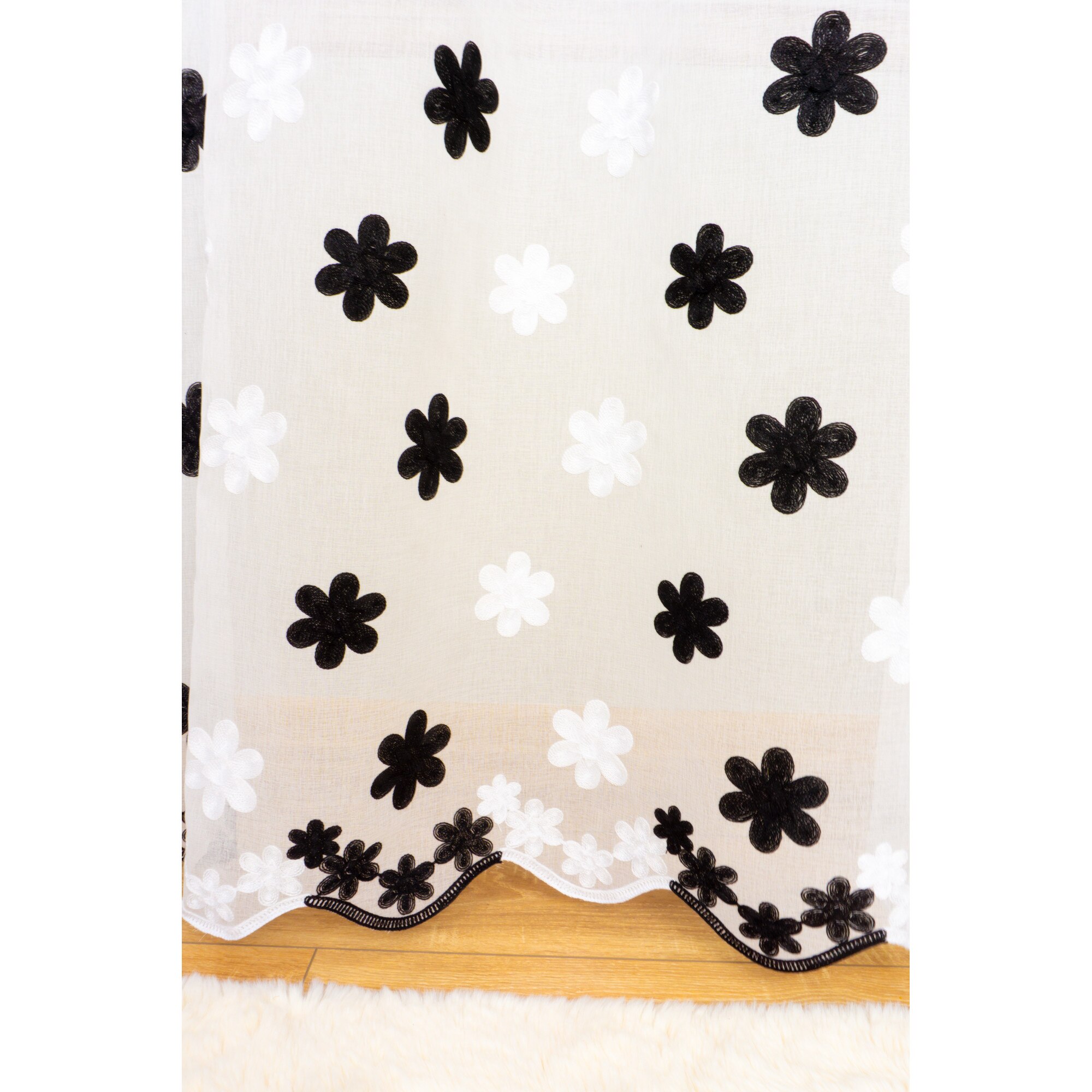 Perdea din In, Harnicuta, Flori Negru cu Alb 600x245cm cu Rejansa - eMAG.ro