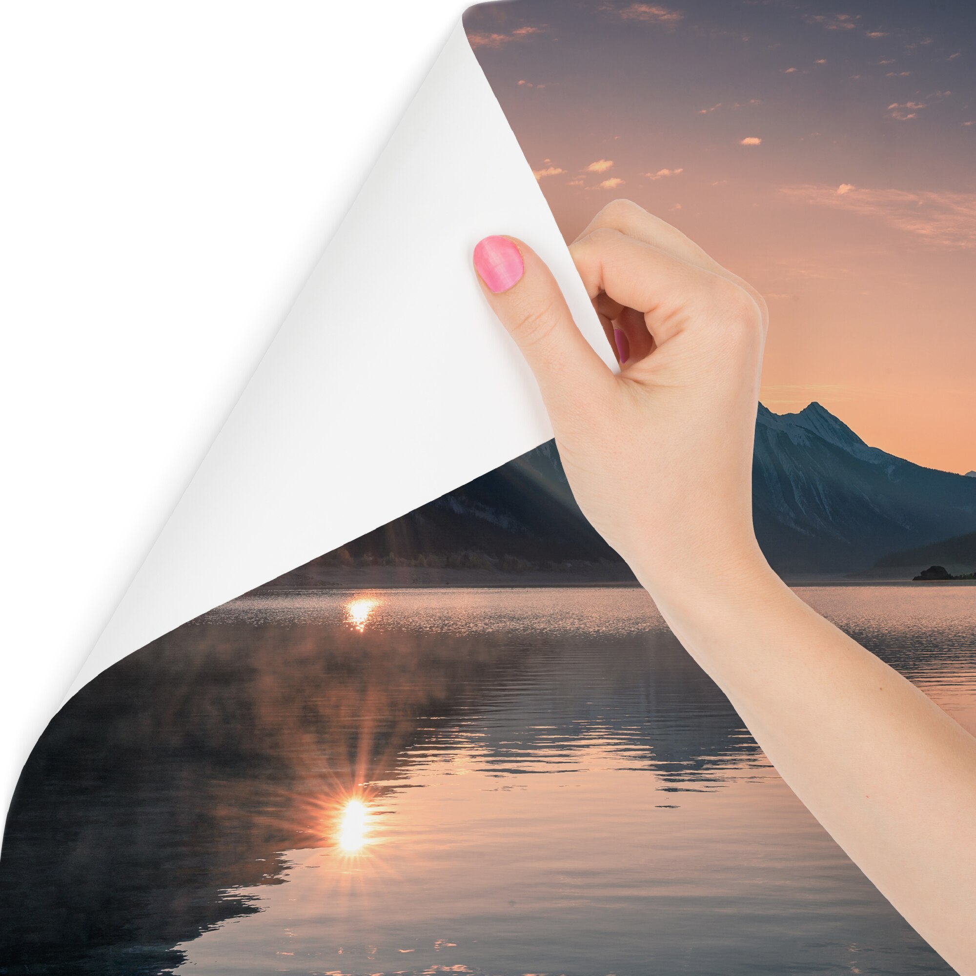 Fototapet peisaj montan cu vedere la lac, apus peste apa, stil modern ...