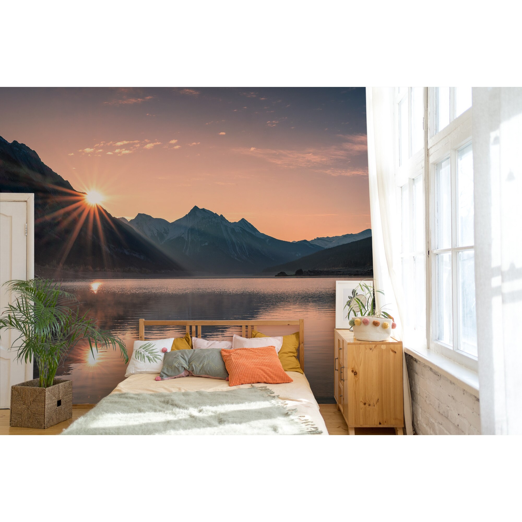 Fototapet peisaj montan cu vedere la lac, apus peste apa, stil modern ...