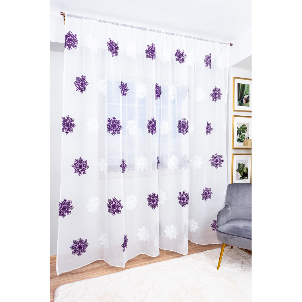Perdea din In, Harnicuta, cu Flori Mari Mov 400x265cm cu Rejansa - eMAG.ro