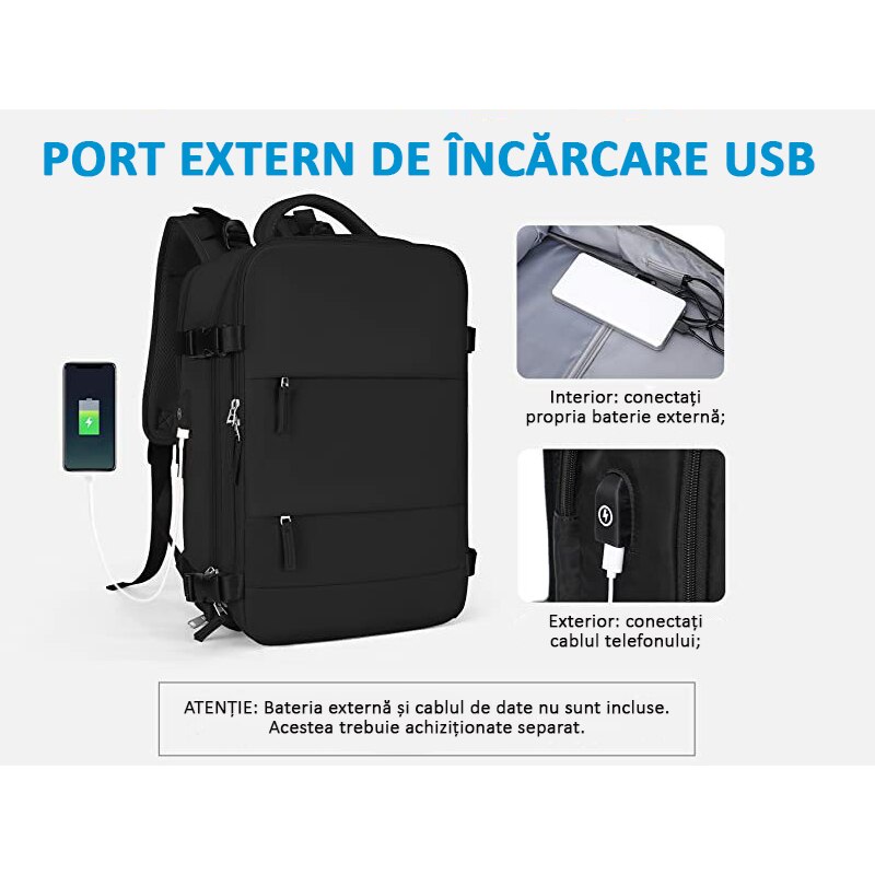 Rucsac Calatorie pentru Laptop, Business, pentru Avion, port de incarcare USB, pana la 35 L ...