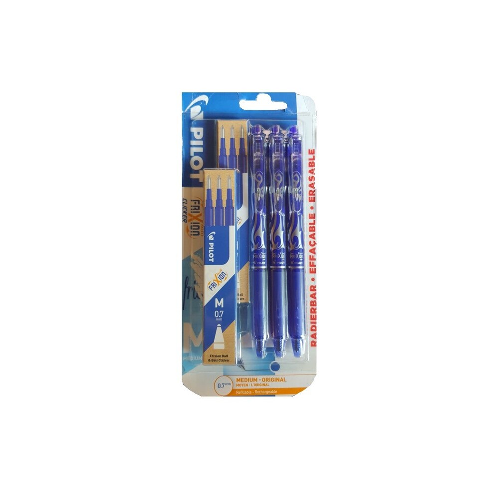 Set 3 pixuri, 6 rezerve, 0.7mm, albastru, Ball Frixion Clicker, Pilot ...