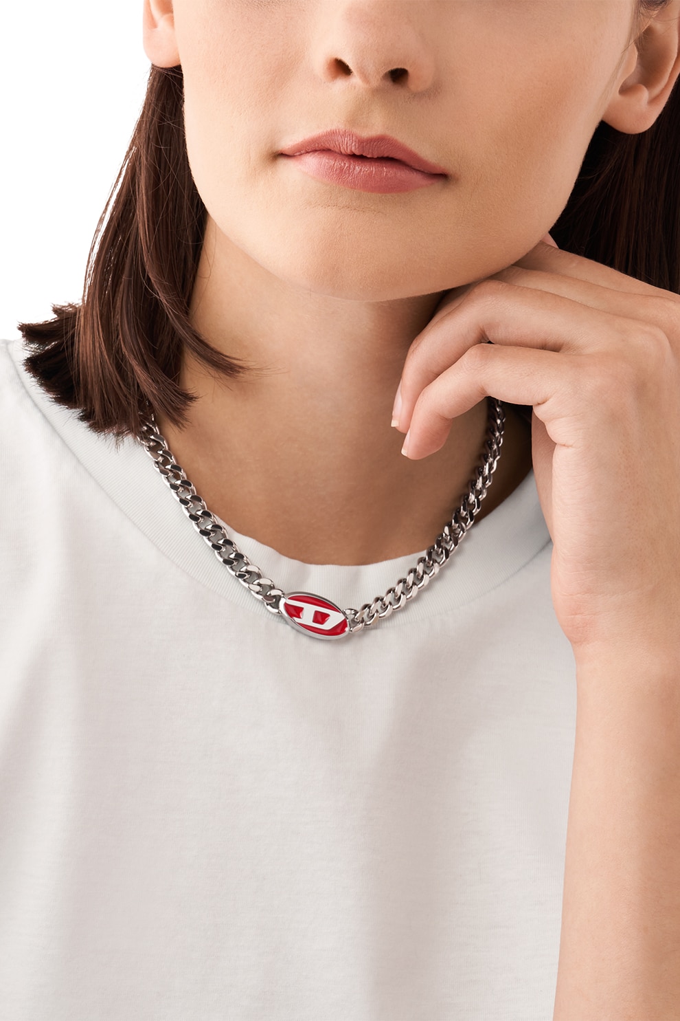 Diesel, Colier de otel inoxidabil cu logo, Rosu, Argintiu - eMAG.ro