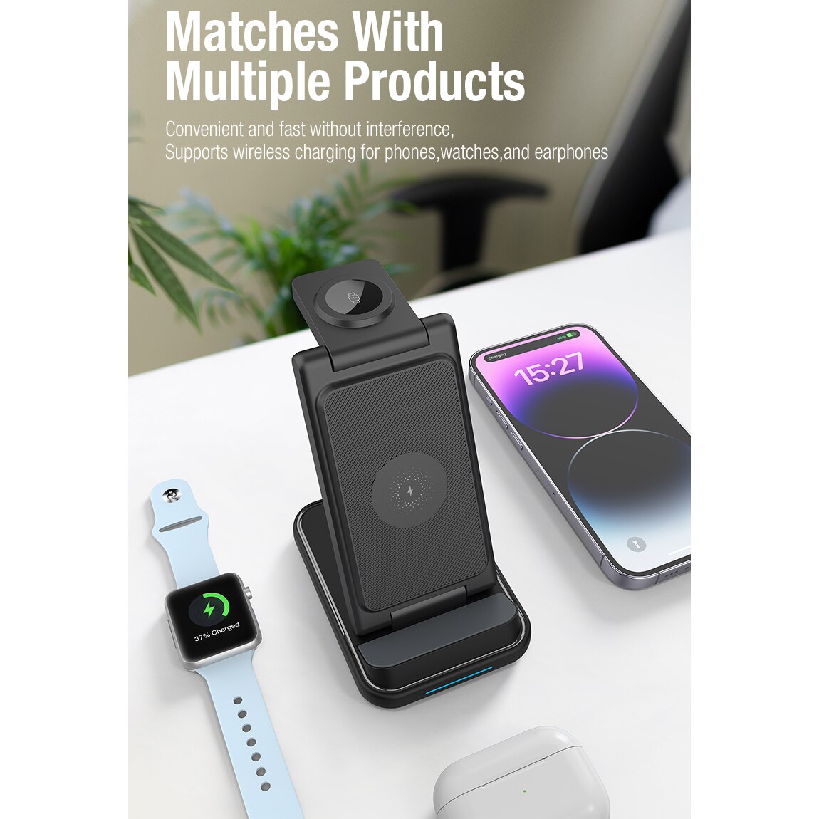 Incarcator Wireless 3 in 1 GLAMIUM®, Fast Charge 15W, Pliabil ...