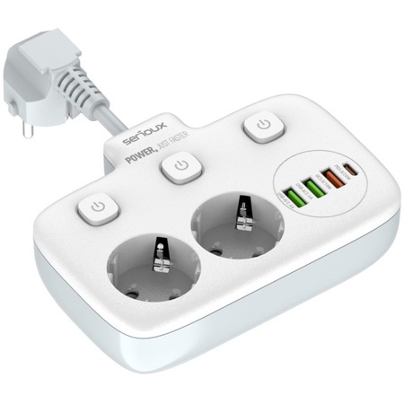 Priza multipla Serioux PS24W, 2 prize, 6xUSB, PD Type-C, QC3.0 ...