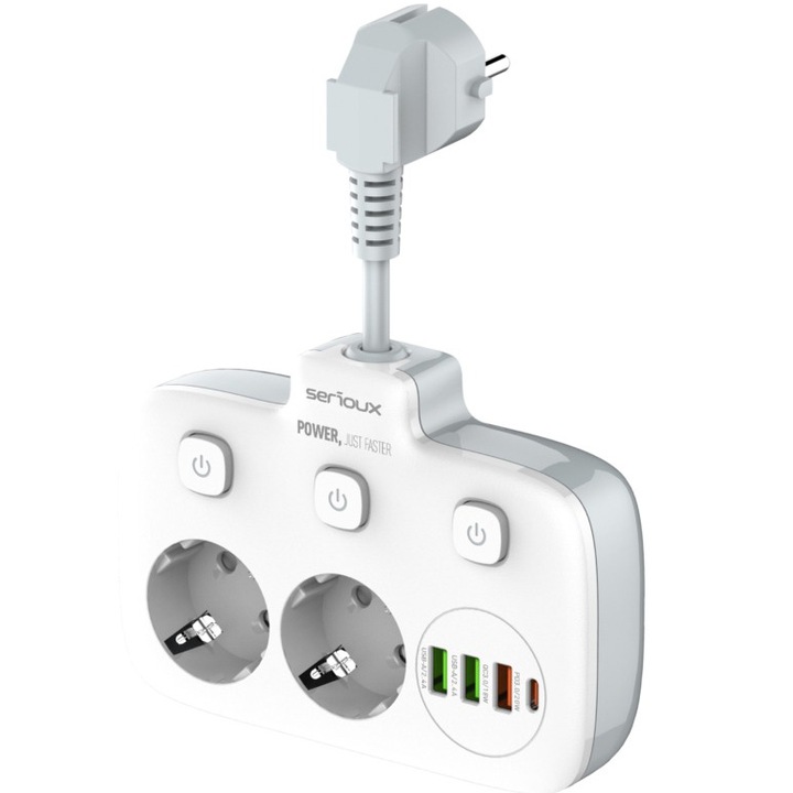 Priza multipla Serioux PS24W, 2 prize, 6xUSB, PD Type-C, QC3.0 ...