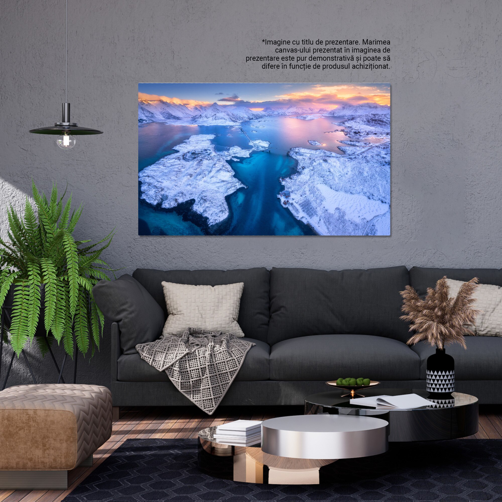 Vászonfestmény téli tájjal, naplementével, tengerrel, hóval, úttal ...