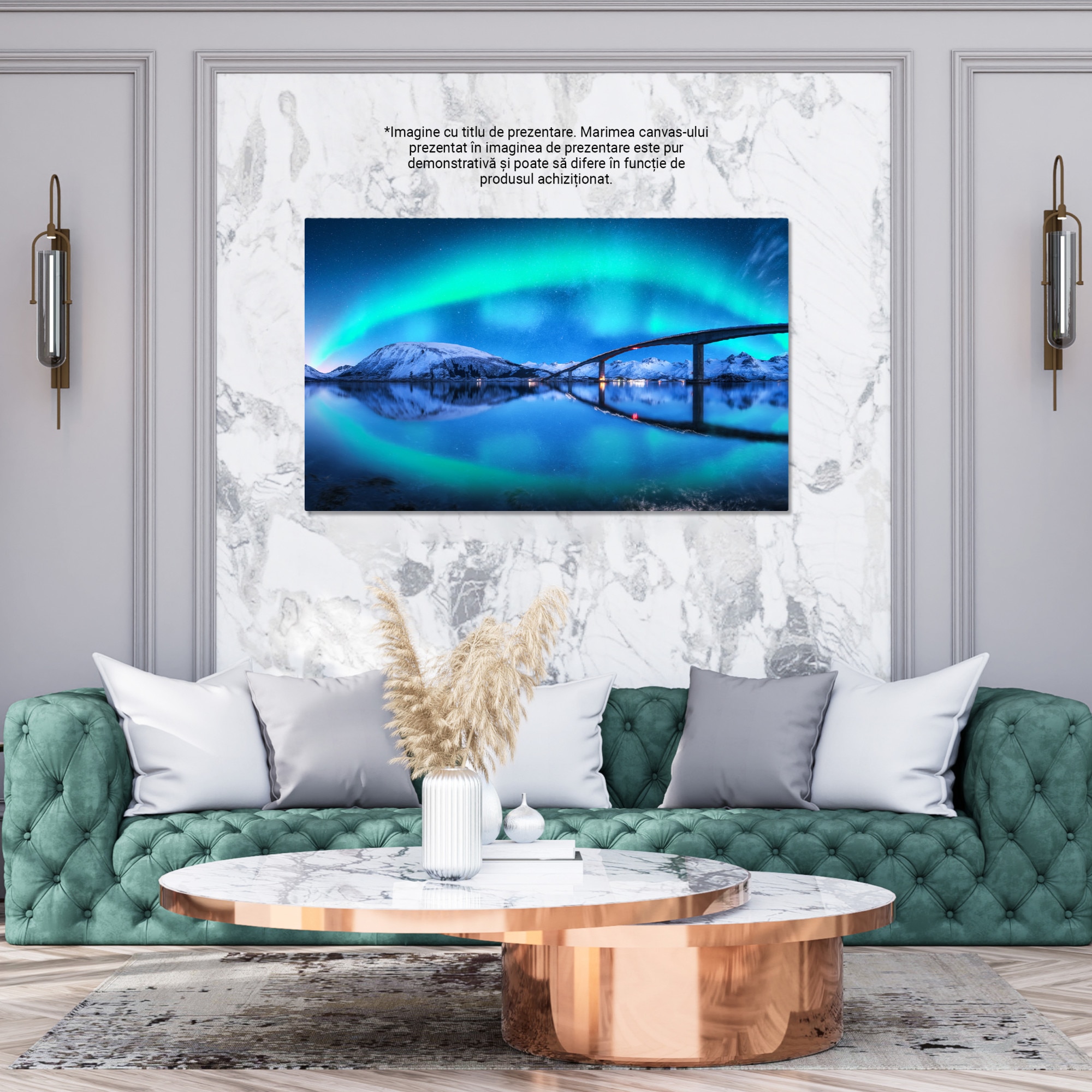 Tablou canvas cu aurora boreala, pod, zapada, lac, munti, stele ...