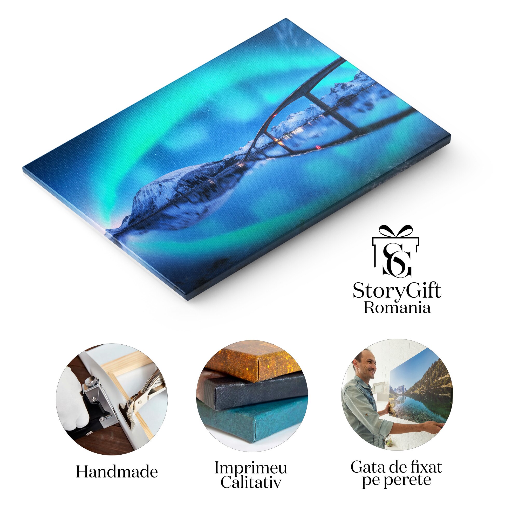 Tablou canvas cu aurora boreala, pod, zapada, lac, munti, stele ...