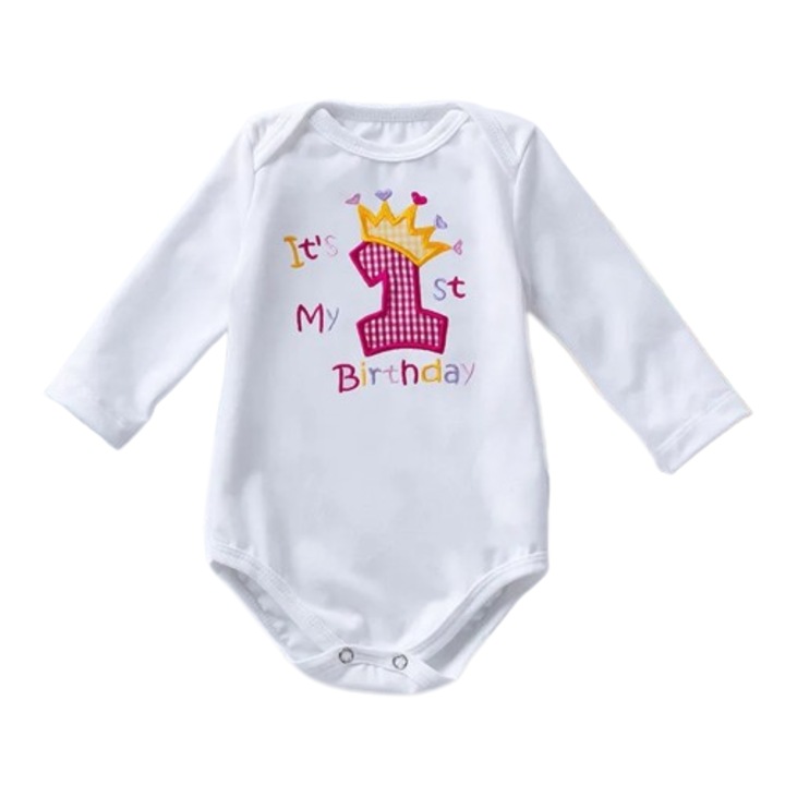 Body aniversar fetita 1 an "Prima zi de nastere", alb cu maneca lunga ...