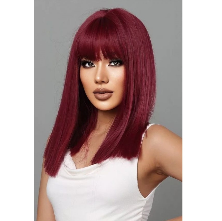 Peruca medie, Visiniu / Burgundy, Animis Beauty ®, fibra sintetica cu ...