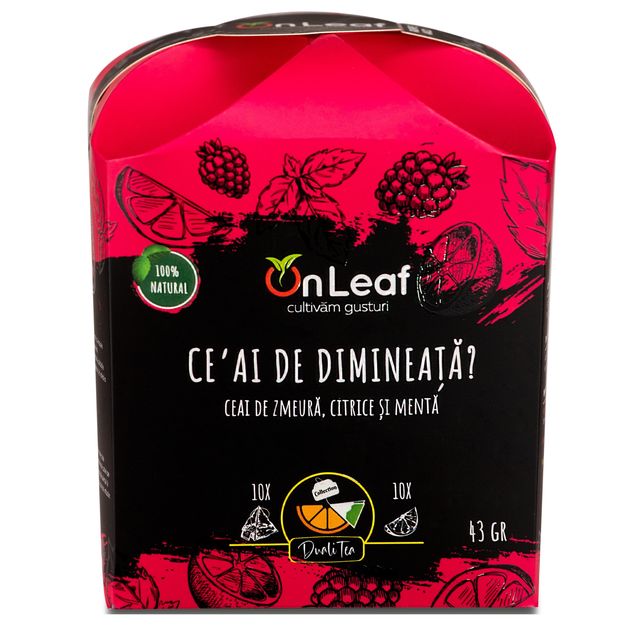Ceai de Zmeura, Citrice si Menta OnLeaf, 10 pliculete si 10 bucatele de ...