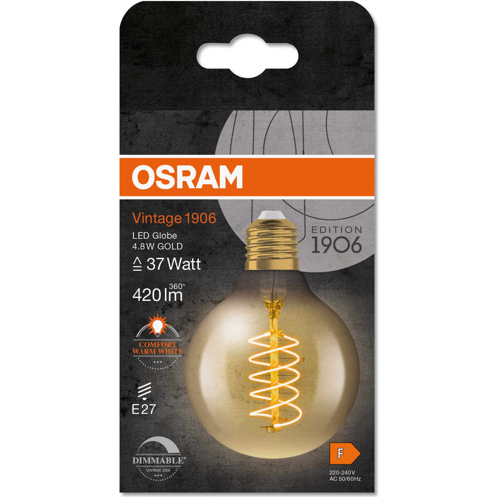 Bec LED vintage (decorativ) OSRAM 1906 Globe 80, dimabil, filament, E27, 4.8W (37W), 420 lm ...