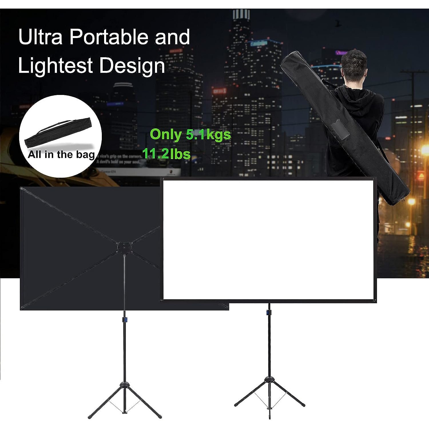 Ecran de proiectie cu trepied Excelimage 100 inchi, 16:9,4K HD, usor si ...