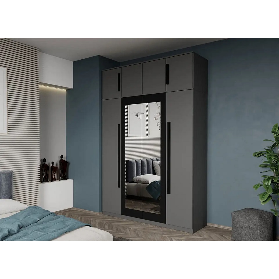 Dulap dormitor, 4 usi, Gri cu oglinda, 164,4 x 48 x 240,3 cm – Dallas ...