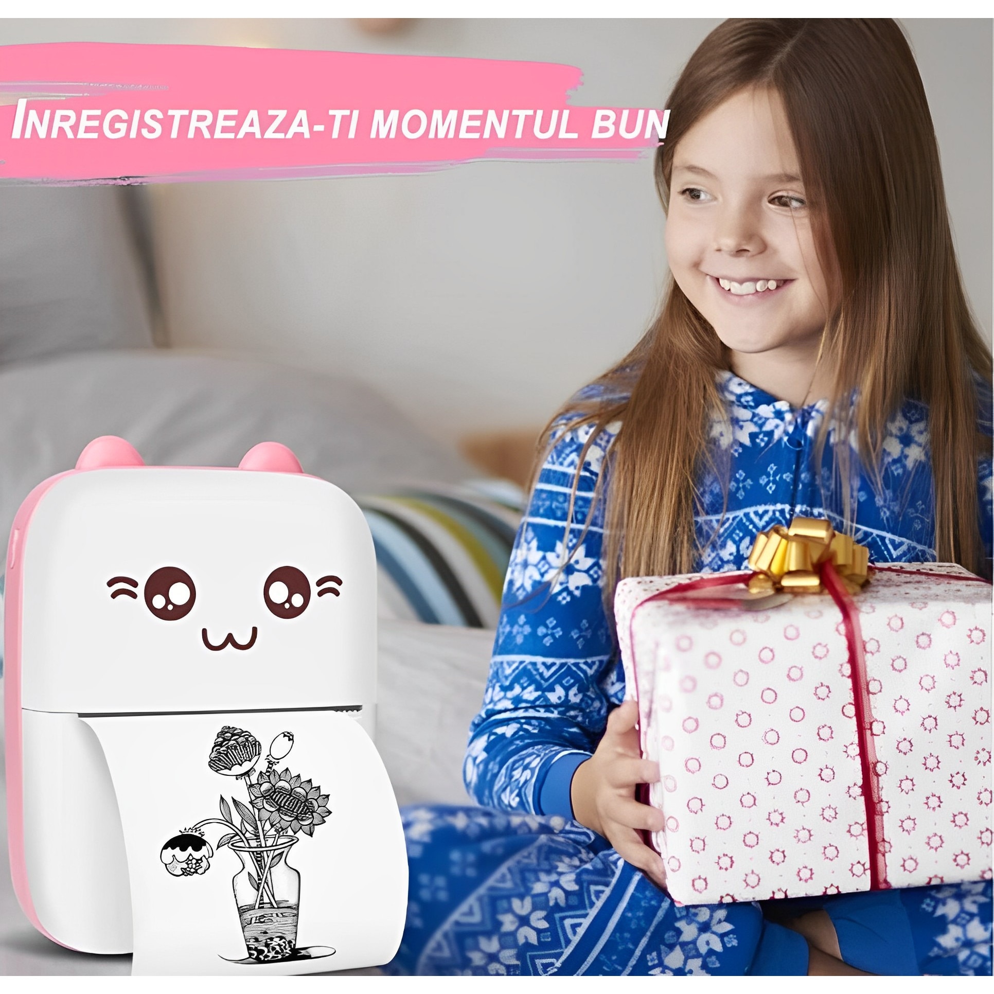 Set Mini imprimanta termica si 10 role hartie 57x25mm, Bluetooth ...