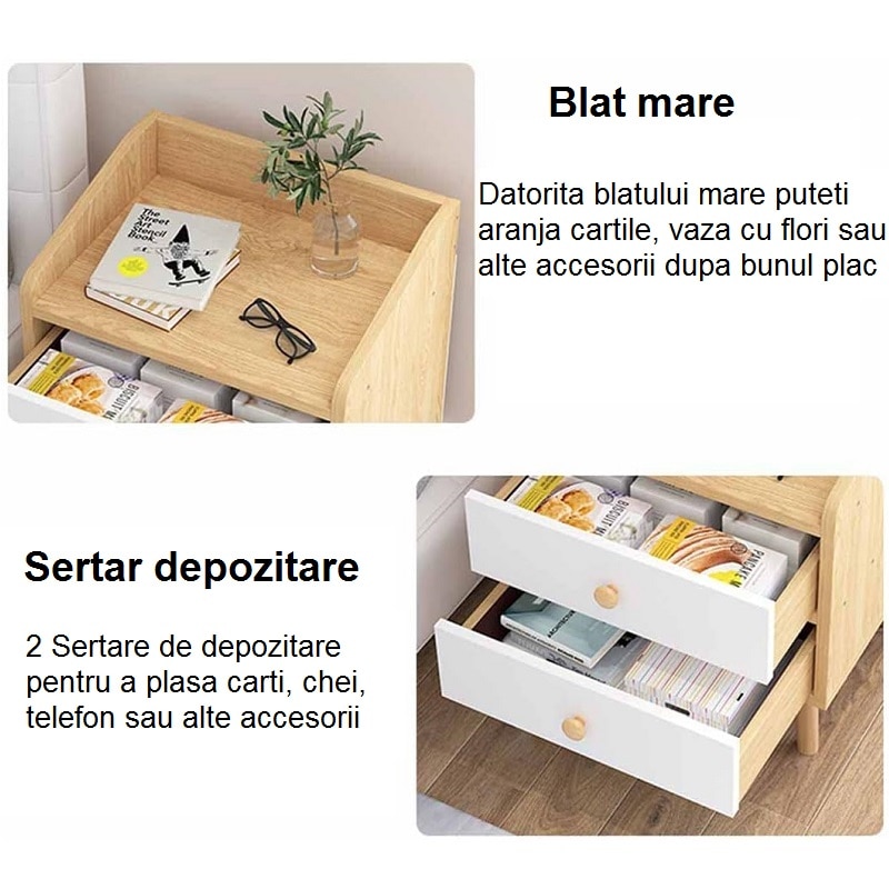 Noptiera dormitor, 2 sertare, 48 x 43 x 30 cm, Teox® - eMAG.ro