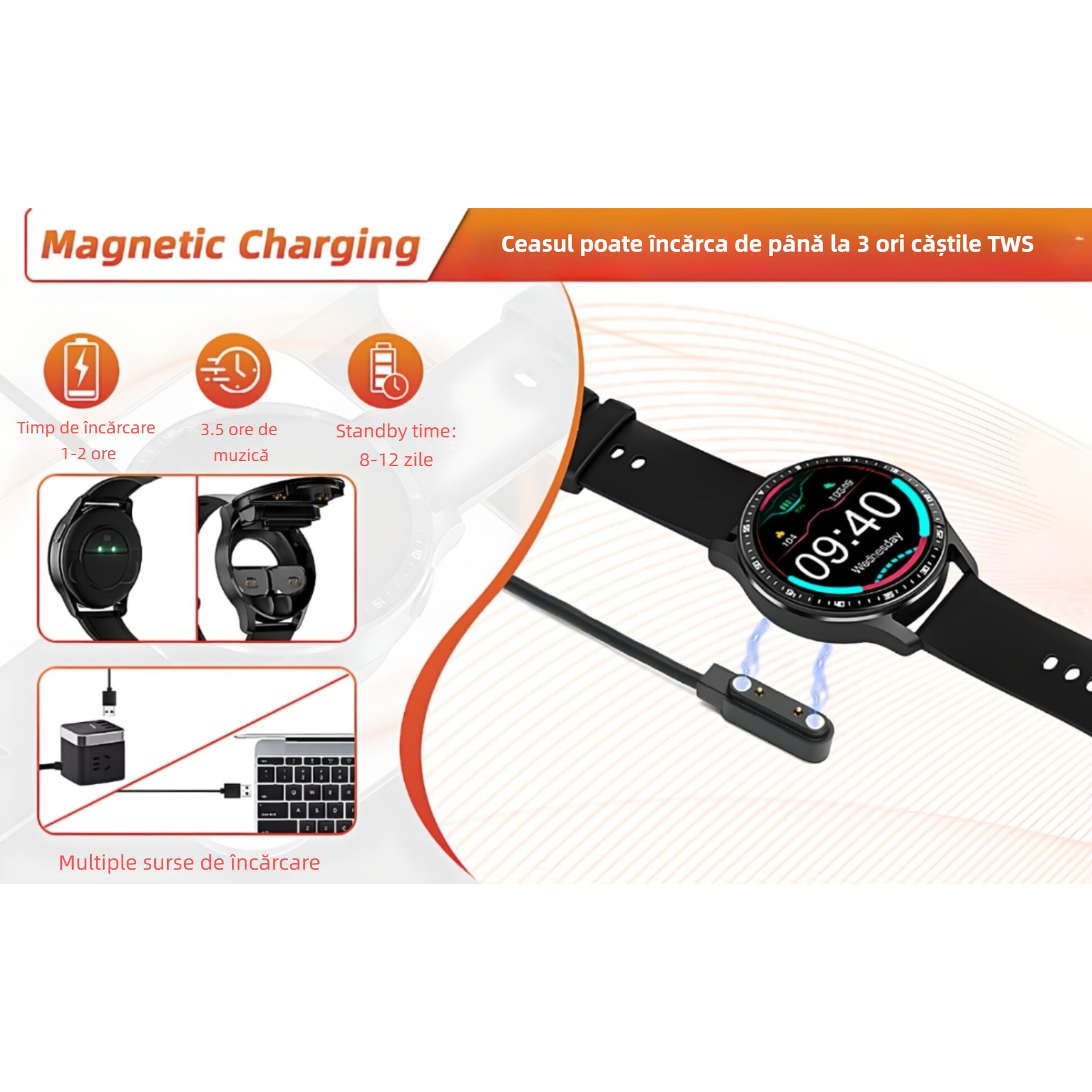 Ceas Smartwatch cu Casti Stereo Wireless incorporate 2 in 1, TWS ...
