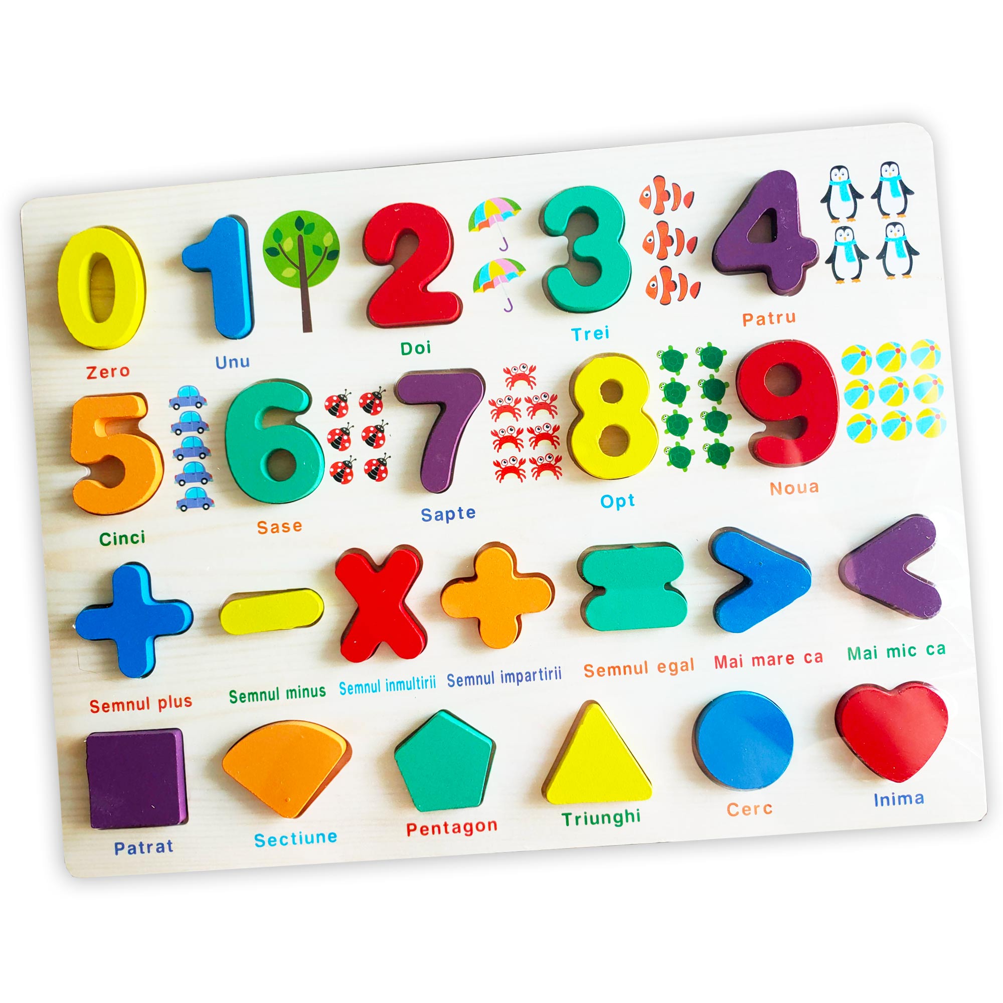 Joc educativ din lemn, cifre, semne matematice, forme geometrice, in ...