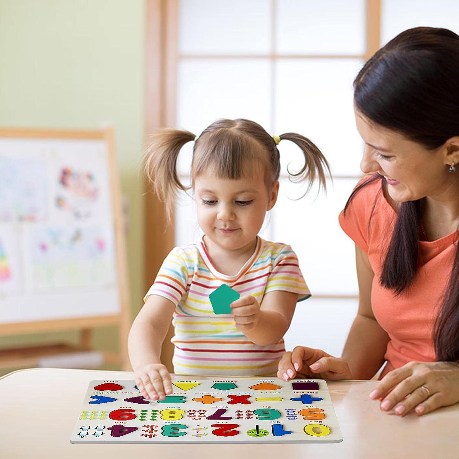 Joc educativ din lemn, cifre, semne matematice, forme geometrice, in ...